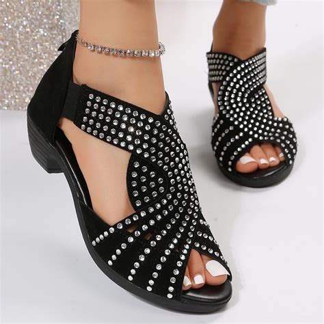 Jeashchat Women Sandals Rhinestone Open Toe Low Chunky Block Heels Back