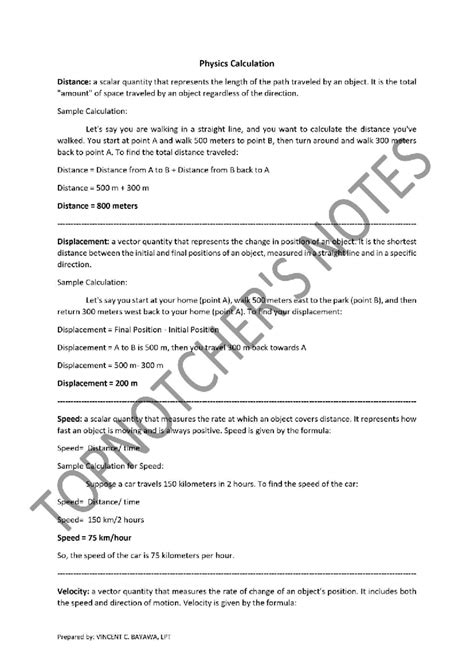 Physics Calculation Handout Physics Calculation Distance A Scalar Quantity That Represents