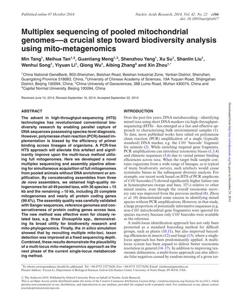 Pdf Multiplex Sequencing Of Pooled Mitochondrial Genomes A Crucial Step Toward Biodiversity