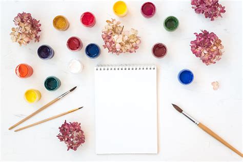 흰색 배경에 아크릴 페인트와 브러시 플랫 레이 상단 보기 0명에 대한 스톡 사진 및 기타 이미지 0명 개념 경관 Istock