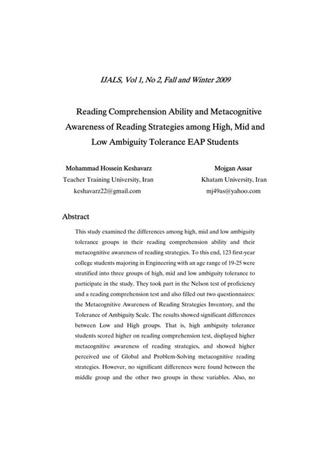 Pdf Reading Comprehension Ability And Metacognitive Awareness Of Reading Strategies Among High