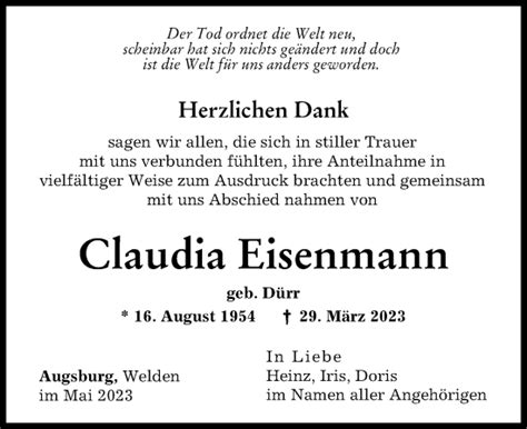 Traueranzeigen Von Claudia Eisenmann Augsburger Allgemeine Zeitung