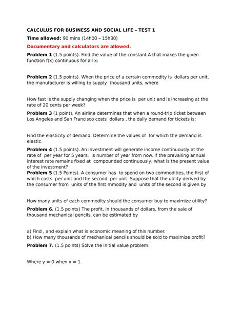 Test 1 Calculus Practice CALCULUS FOR BUSINESS AND SOCIAL LIFE TEST 1 Time Allowed 90