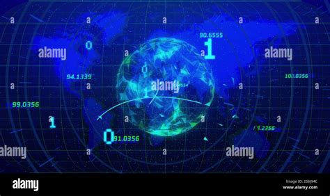 image of binary coding digital data processing over globe and world map