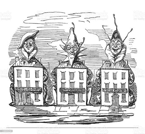 영국 풍자 만화 캐리커처 일러스트레이션 세 건물 뒤에 앉아 의상을 입은 세 명의 매우 큰 남자 풍자에 대한 스톡 벡터 아트 및 기타 이미지 Istock