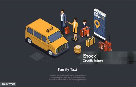 인포그래픽이 있는 어두운 배경의 컴포지션 등각 벡터 일러스트레이션 만화 3d 스타일 객체 큰 노란색 가족 택시 몇 문자 근처 화면에지도와 스마트 폰 가방 동전 지불에 대한