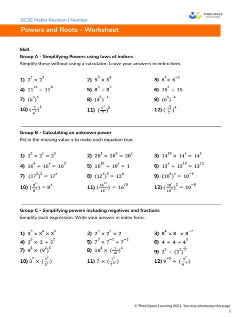 Powers And Roots Gcse Worksheet Pdf Mathematics