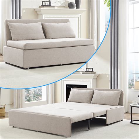 Mjkone Queen Size Sofa Bed 62 Linen Pull Out Convertible Beige