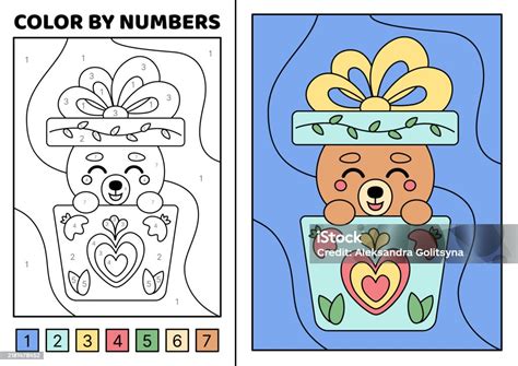 숫자로 색칠합니다 선물 상자에 있는 작은 곰 색칠 공부 페이지 아이들을 위한 게임 카와이 벡터 곰에 대한 스톡 벡터 아트 및