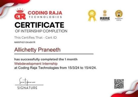 Praneeth Allichetty On Linkedin Codingrajatechnologies Webdevelopment Internshipcertificate