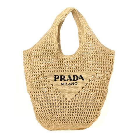 Prada Yarn Raffia Effect Crochet Logo Embroidered Shopping Tote Bag