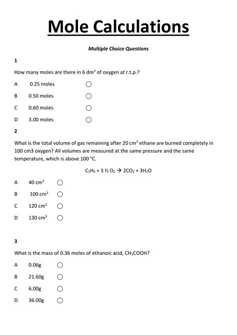 Mole Calculation Practice Worksheet