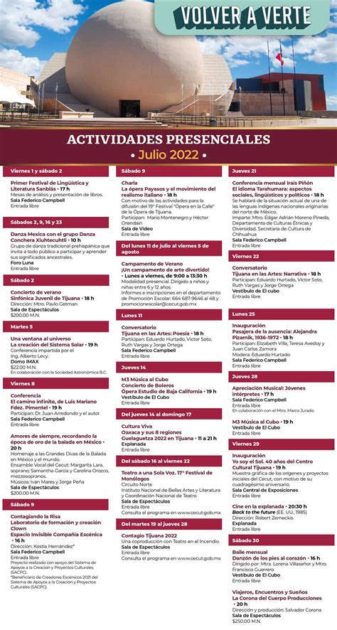 Cartelera Cultural Del Cecut Tijuana Julio 2022