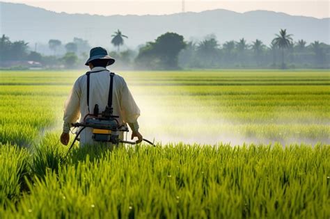 Premium Photo Farmer Applying Insecticides In Vast Rice Paddy