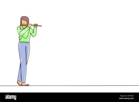 Single Continuous Line Drawing Female Musician Playing Flute Flutist Performing Classical Music
