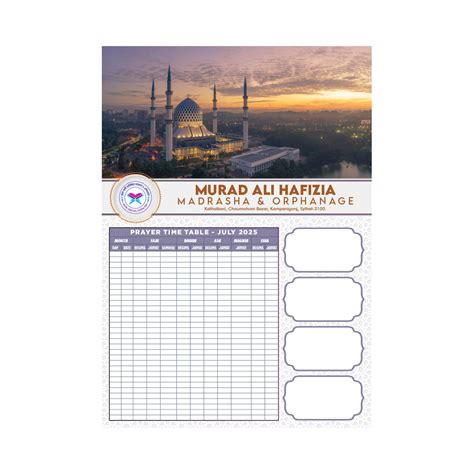 A4 A3 Prayer Timetable Mosque Calendar
