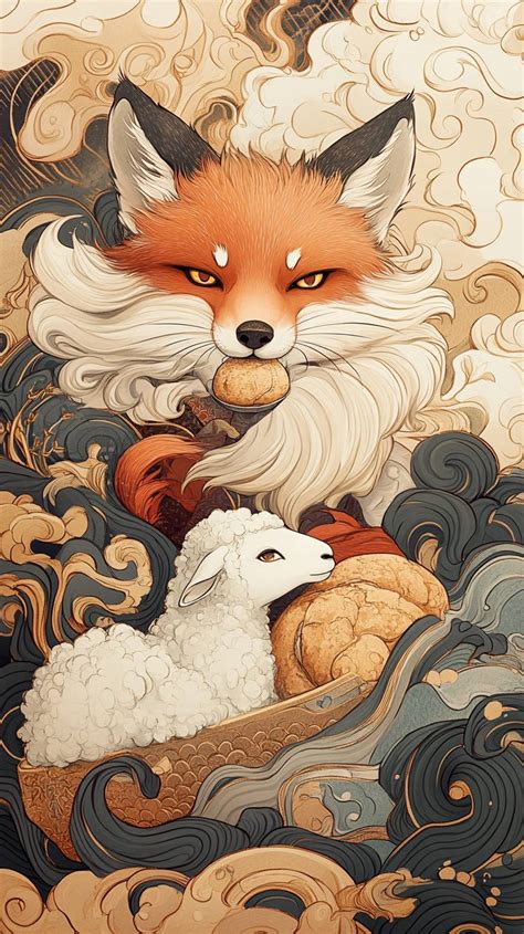 귀여운 여우와 양이 함께 빵을 먹고 있다