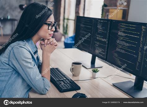 Profile Side View Portrait Of Attractive Focused Girl Geek Research