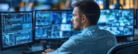 Focused Man Analyzing Data On Multiple Screens In A Modern Office Environment 51235537 Stock