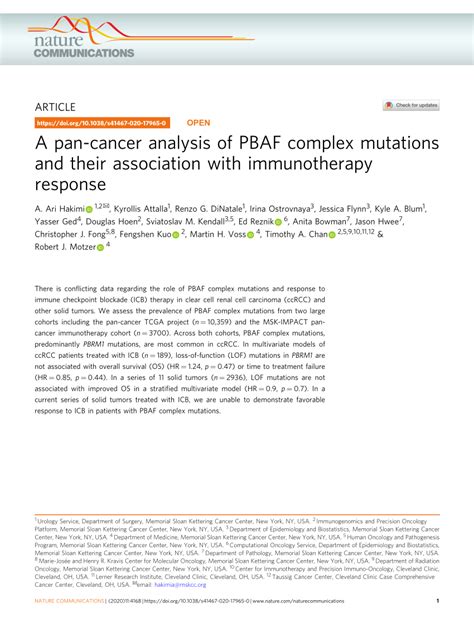 Pdf A Pan Cancer Analysis Of Pbaf Complex Mutations And Their Association With Immunotherapy