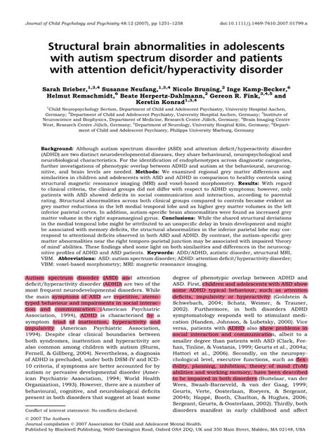 Structural Brain Abnormalities In Adolescents With Autism And Adhd Pdf