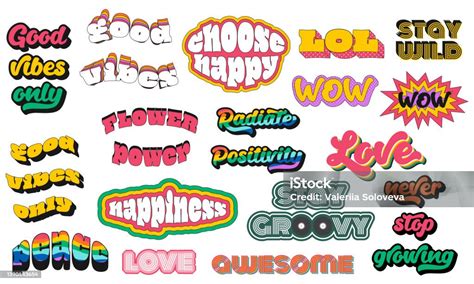 복고풍 스타일의 타이포그래피 프래시가 있는 세트입니다 대량 3d 레터링 획이 있는 텍스트 및 돌출된 그림자 청소년 의류 티셔츠 흰색 배경에 고립 된 밝은 색상 벡터