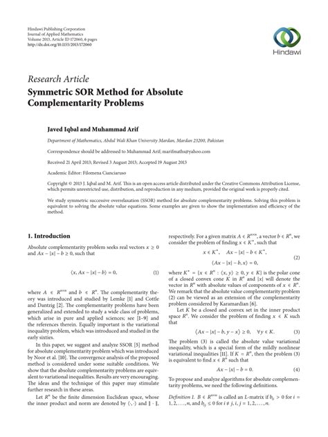 Pdf Symmetric Sor Method For Absolute Complementarity Problems