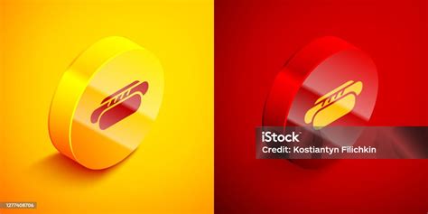 오렌지와 빨간색 배경에 격리 된 등색 핫도그 샌드위치 아이콘 소시지 아이콘 길거리 패스트푸드 메뉴 서클 버튼입니다 벡터 3차원