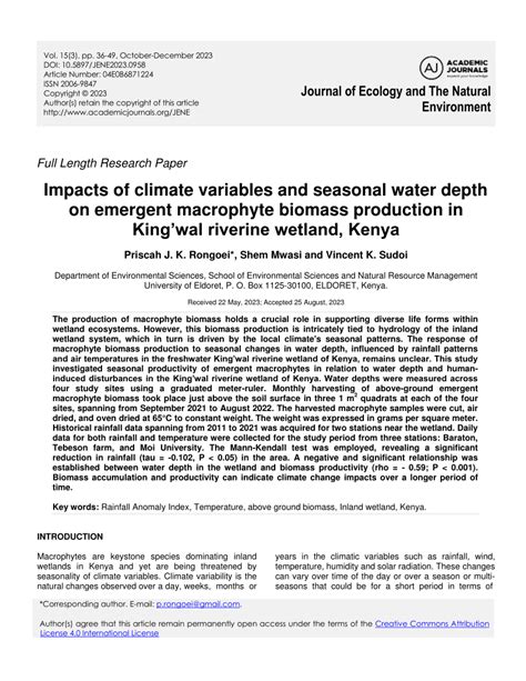 Pdf Impacts Of Climate Variables And Seasonal Water Depth On Emergent Macrophyte Biomass