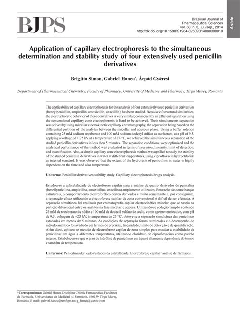 Pdf Application Of Capillary Electrophoresis To The Simultaneous