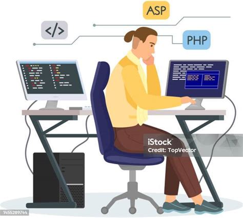 Office Worker Male Character Sitting At Table With Computer Programmer
