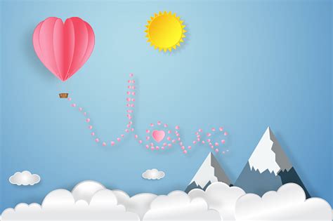 열기구 그리고 분홍색 심 혼 사랑 발렌타인의 날 2 월 14 일에 결혼식과 종이 예술 개념으로 푸른 하늘 배경에 밝은 벡터 일러스트 레이 션 개념에 대한 스톡 벡터 아트 및