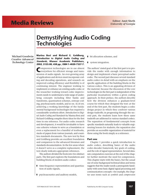 Pdf Introduction To Digital Audio Coding And Standards Book Review