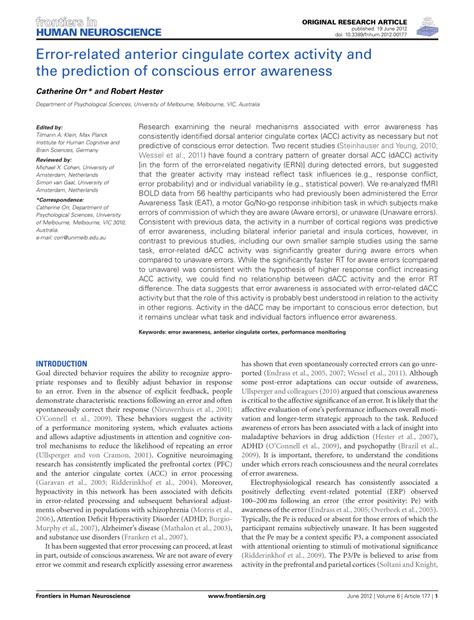 Pdf Error Related Anterior Cingulate Cortex Activity And The