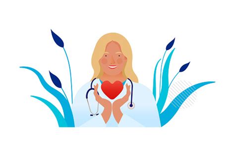젊은 여성 의료 전문가는 추상적 인 배경에 빨간 심장을 들고 있습니다 심장학 개념 현대 평면 벡터 일러스트 레이 션입니다