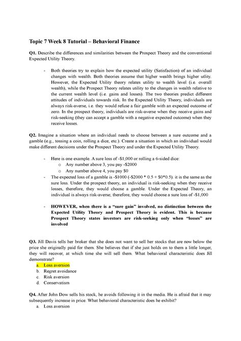 Week 8 Tut Qs Notes Topic 7 Week 8 Tutorial Behavioral Finance Q1
