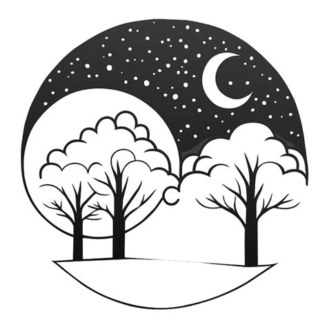 Night Scene Landscape With Tree Silhouette Vector Illustration Doodle