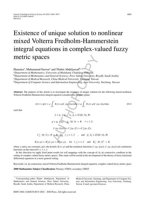 Pdf Existence Of Unique Solution To Nonlinear Mixed Volterra Fredholm Hammerstein Integral