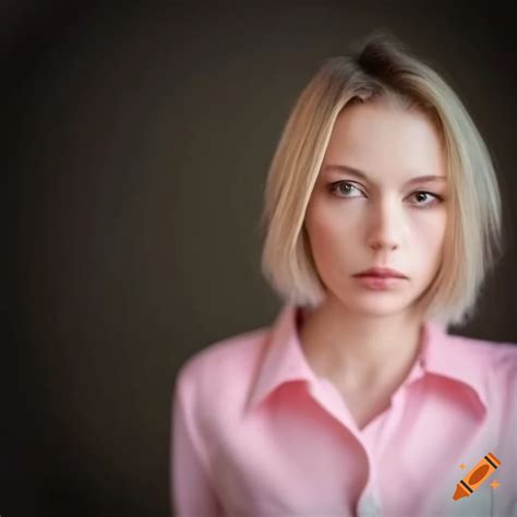 Attractive Woman With Chin Length Blonde Bob And Pink Button Up Shirt Facing Left On Craiyon