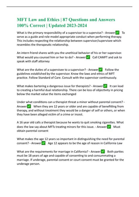 mft law and ethics 87 questions and answers 100 correct updated
