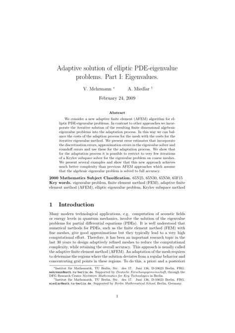 Pdf Adaptive Solution Of Elliptic Pde Eigenvalue Problems Part I Eigenvalues