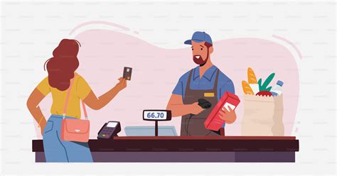 비접촉 지불 개념 슈퍼마켓에 서 있는 여성 고객 캐릭터는 현금 없는 온라인 결제를 위해 신용 카드를 준비합니다 여자는 가게의 계산원에서 음식을 산다 만화 사람들 벡터