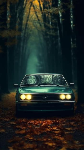 Premium Ai Image Arafed Car In The Woods With Headlights Turned On