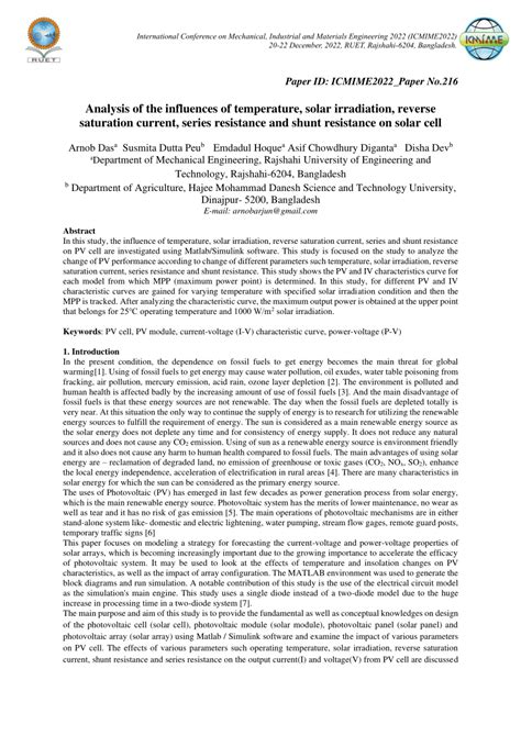 Pdf Analysis Of The Influences Of Temperature Solar Irradiation Reverse Saturation Current