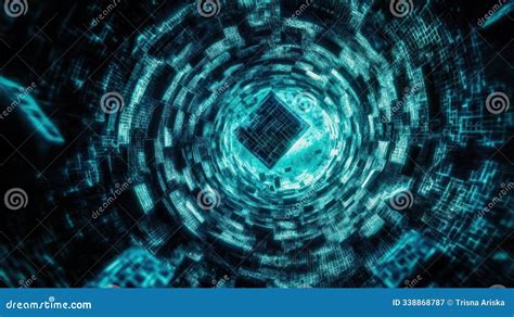 Abstract Digital Tunnel With A Central Cube Representing Technology And Data Flow Stock