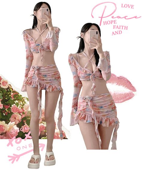 4종세트 로맨틱 러플 플라워 쉬폰 볼레로 가디건 커버업 스커트 세트 비키니 4pcs 1color 에이블리