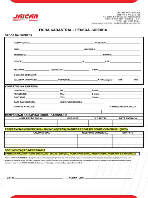 Ficha Cadastral Pessoa Jurídica Jaicar Autopeças Pdf