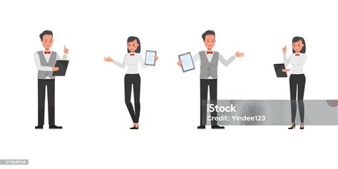 웨이터 남자와 여자 캐릭터 벡터 디자인의 집합 다양한 액션으로 프리젠 테이션 경영자에 대한 스톡 벡터 아트 및 기타 이미지 경영자 그릇 남성 Istock