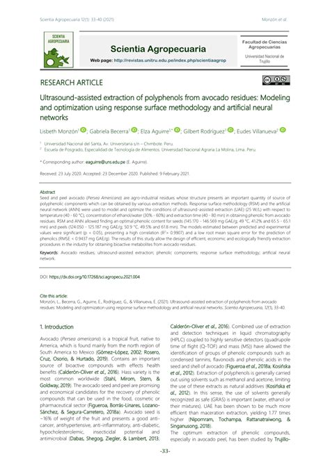 Pdf Ultrasound Assisted Extraction Of Polyphenols From Avocado