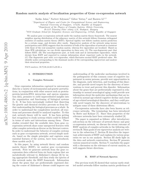 PDF Random Matrix Analysis Of Localization Properties Of Gene Co Expression Network